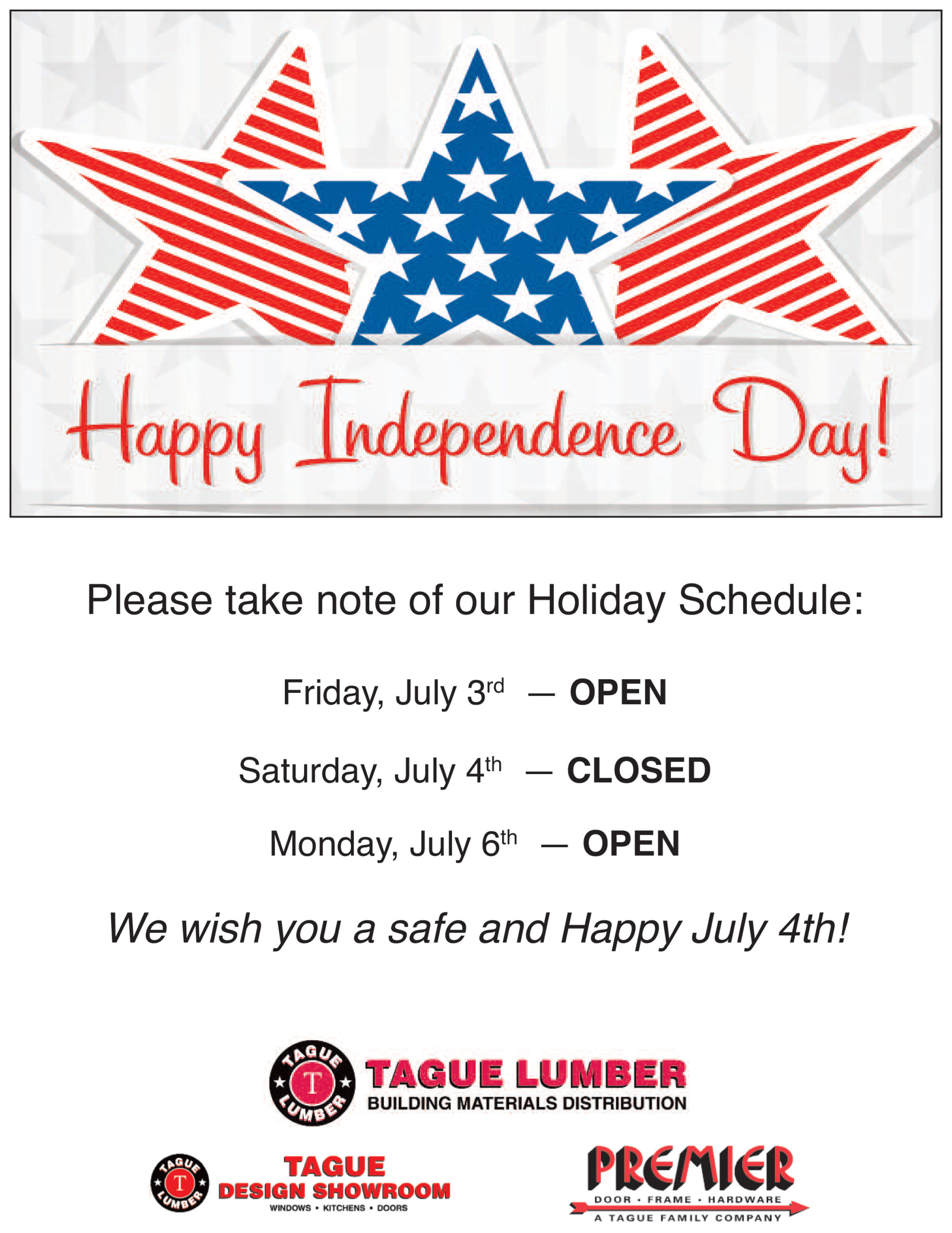 4th Of July Holiday Schedule Tague Lumber
