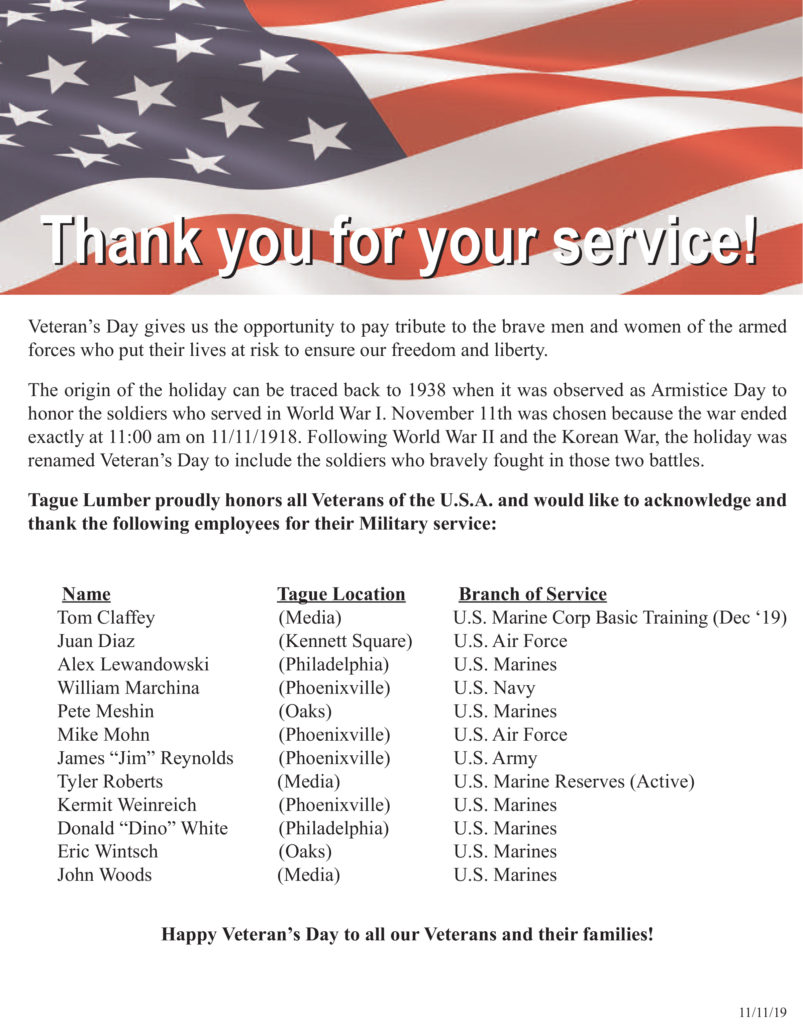 Happy Veteran's Day - Thank you for your Service! - Tague Lumber